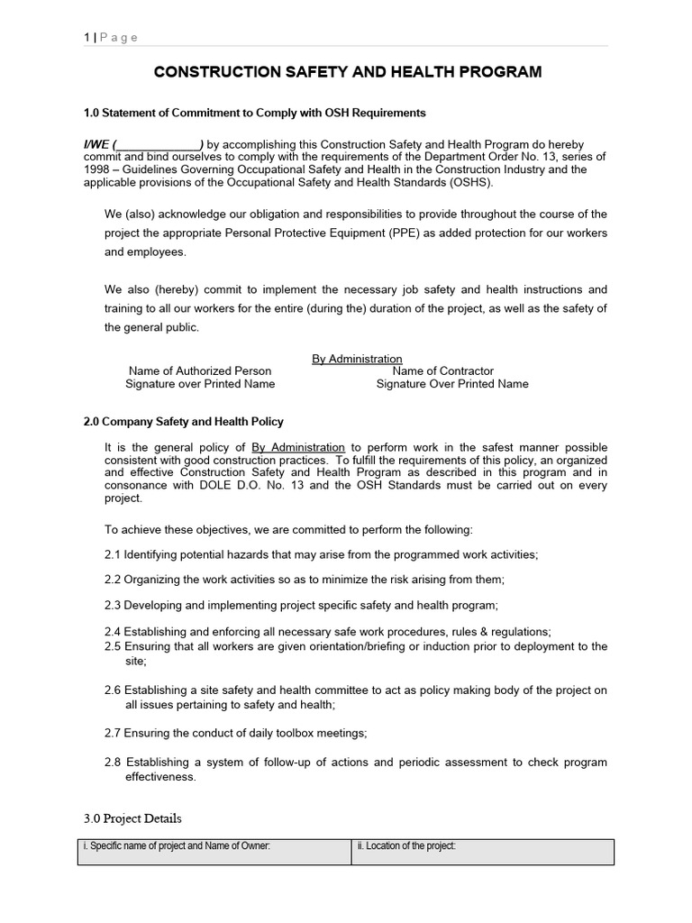 CSHP For Commercial Projects (Template) 2 | PDF | Occupational Safety ...