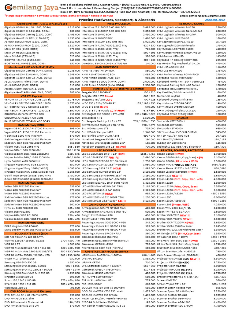 Harga Komponen PC dan Aksesoris 2022 | PDF | Electronics | Computer ...