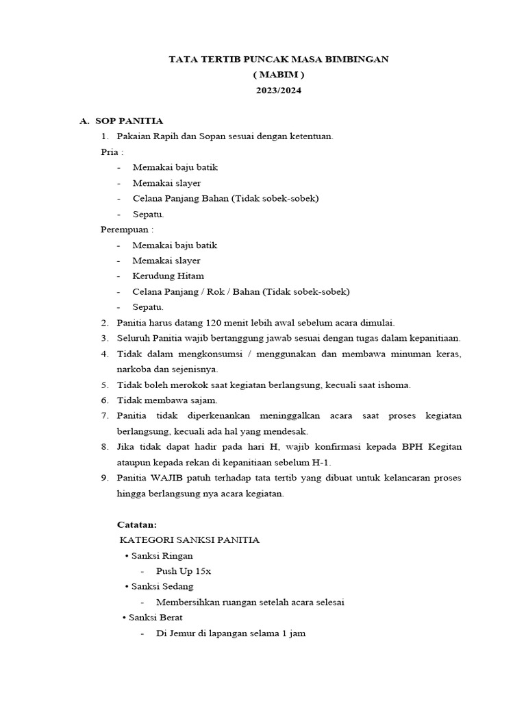 SOP PANITIA Dan PESERTA PUNCAK MABIM | PDF | Gaya Hidup