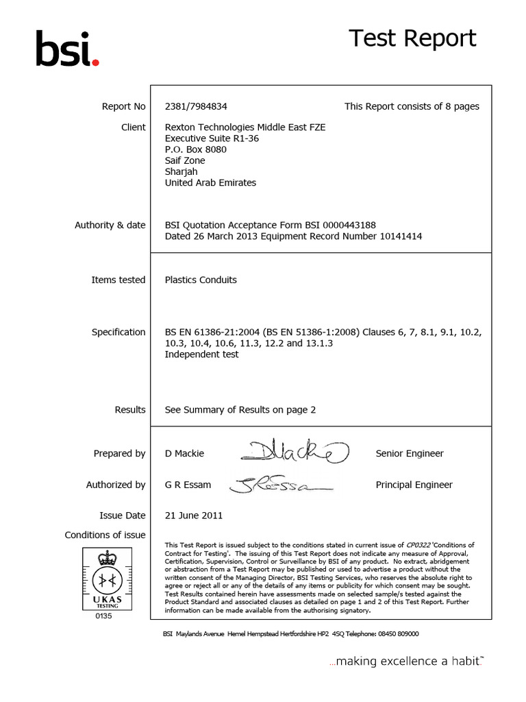 Rexton PVC Conduit Test Report | PDF | Pipe (Fluid Conveyance ...