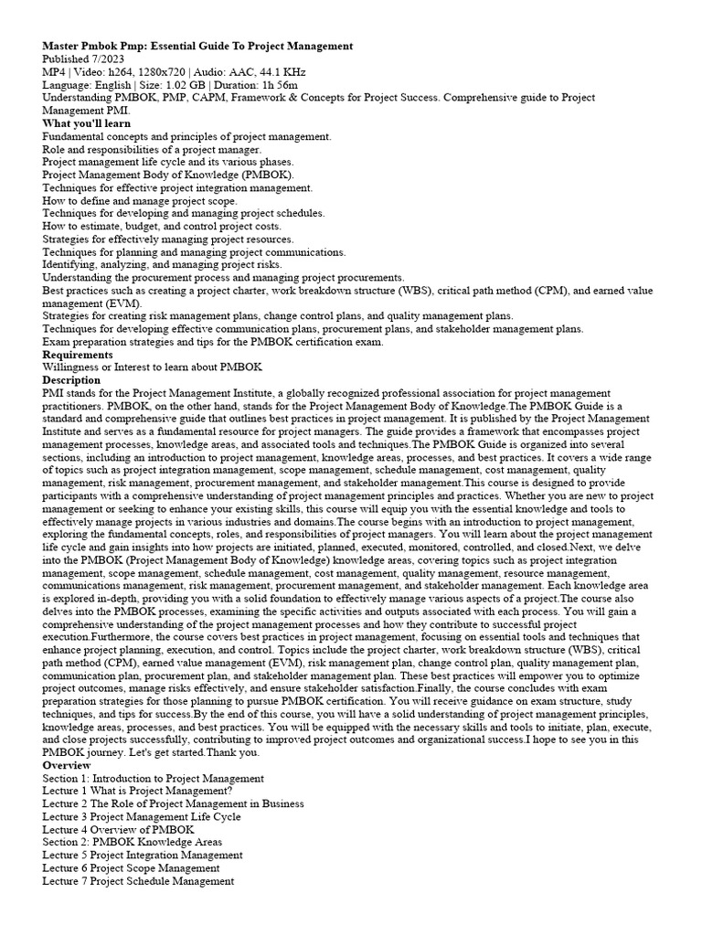 Master Pmbok PMP Essential Guide To Project Management | PDF | Project Management | Business