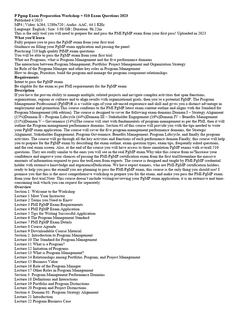 PMP PGMP Exam Preparation Workshop 510 Exam Questions 2023 | PDF ...