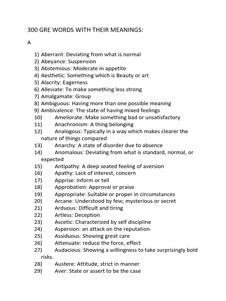 300 Gre Words With Their Meanings | PDF