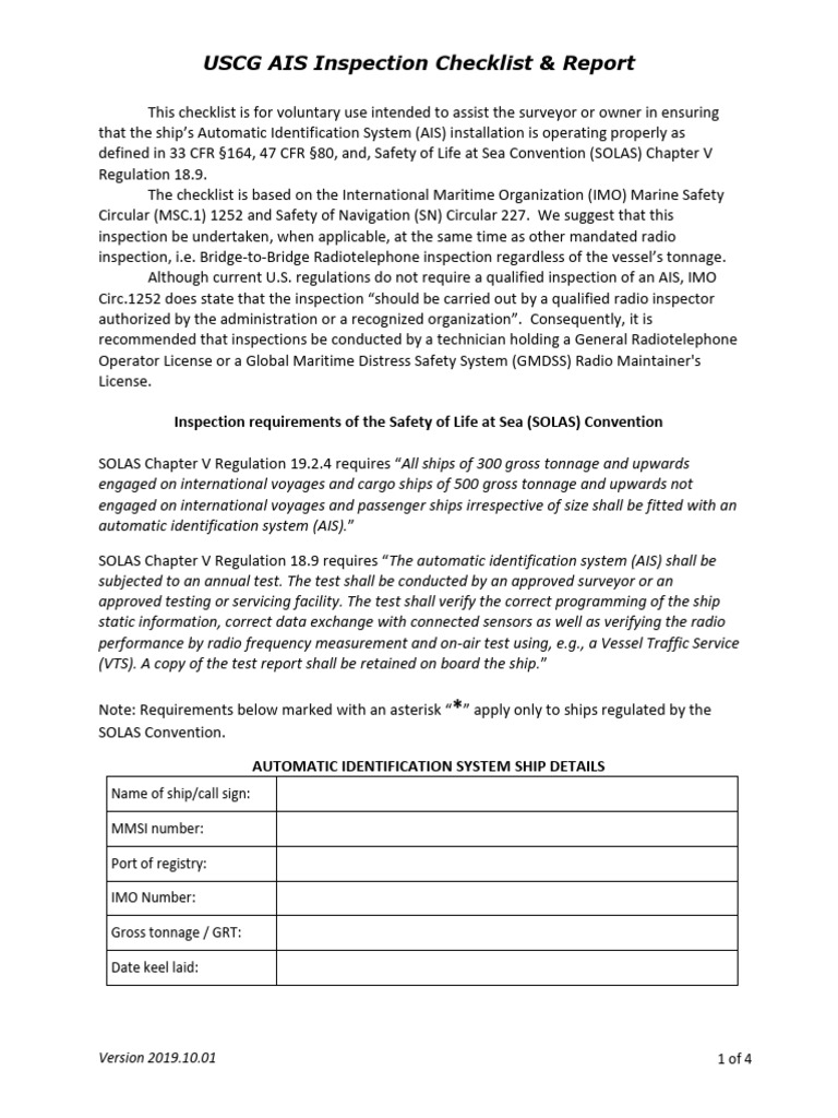 USCG AIS Inspection Checklist19 10 01 | PDF | Telecommunications ...