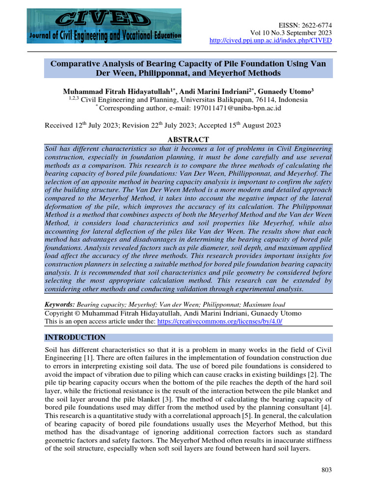 Comparative Analysis of Bearing Capacity of Pile Foundation Using Van Der Ween, Philipponnat ...