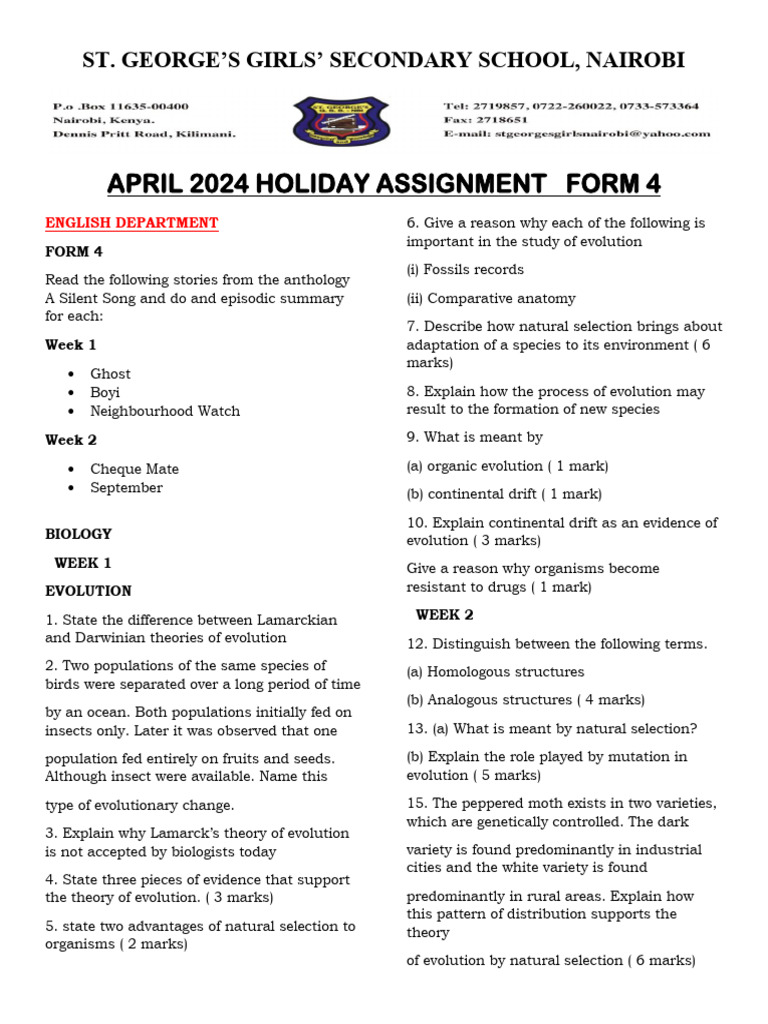 April 2024 Holiday Assignments: Form 4 | PDF | Force | Evolution