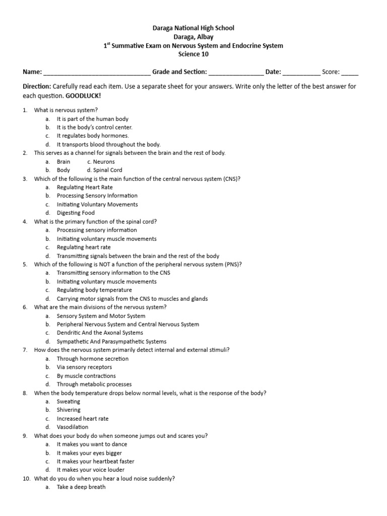Summative Exam On Nervous System and Endocrine System | PDF | Nervous ...