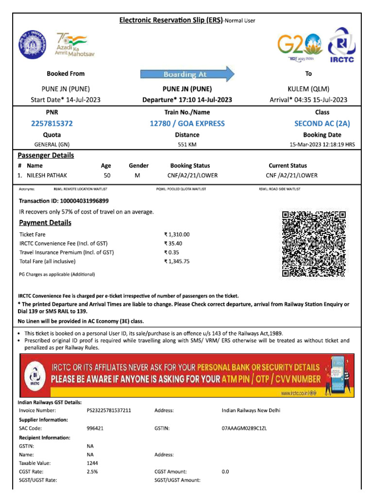 Goa Ac Ticket - Merged - Compressed (1) - Compressed | PDF