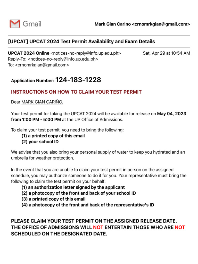 UPCAT 2024 Test Permit Instructions | PDF