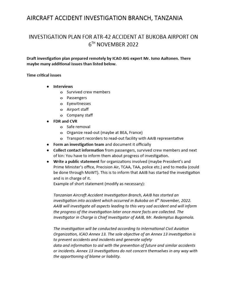 Investigation Plan Atr42 at Bukoba Airport 6th Nov 2022 | PDF | Flight ...