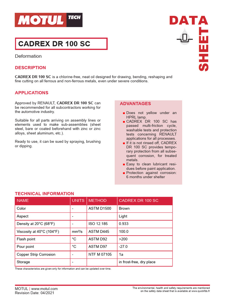CADREX DR 100 SC en FR Motultech 20210421 | PDF | Sheet Metal | Corrosion