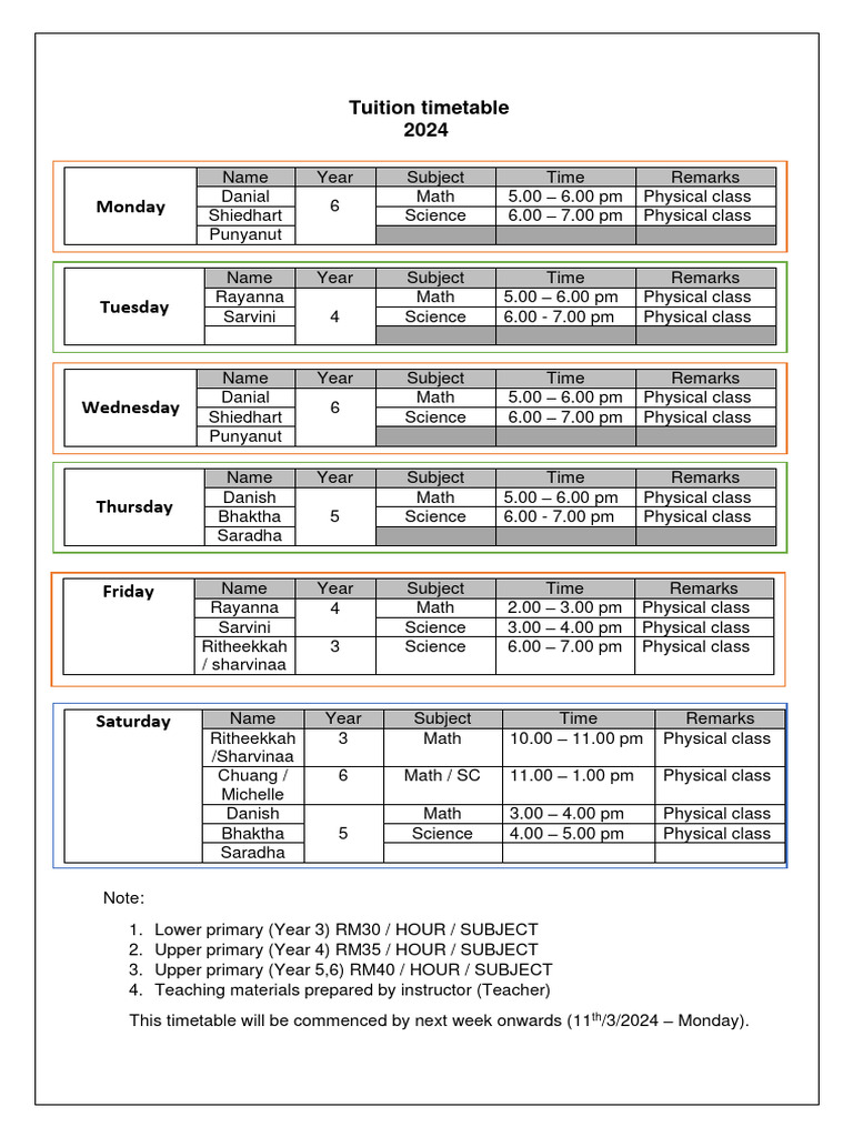 1.Tuition timetable 2024 | PDF