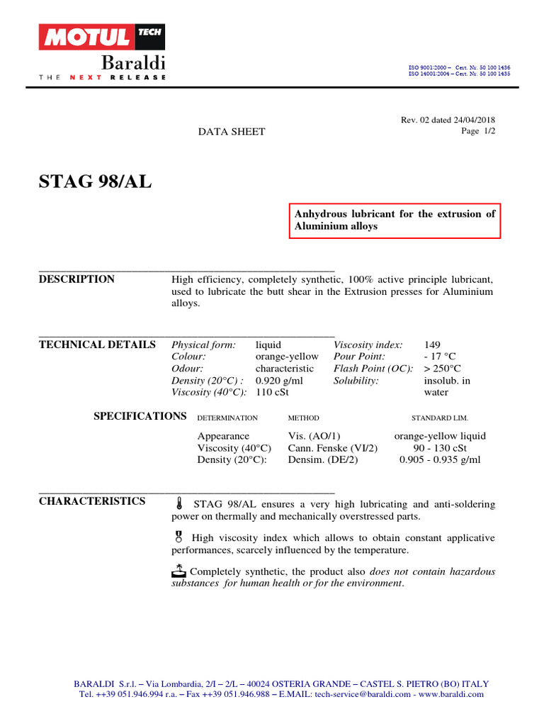 Stag 98-Altechnical Specification | PDF | Viscosity | Liquids