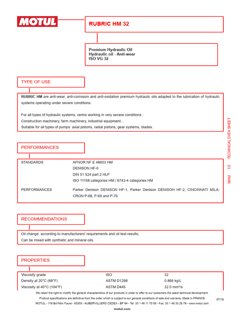 Rubric HM 32 en FR Motul | PDF | Motor Oil | Soft Matter