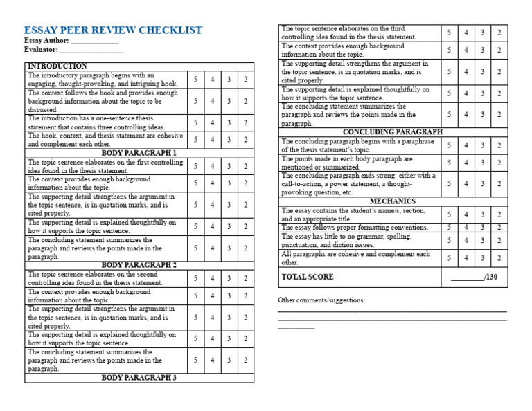 Essay Peer Review Checklist | PDF | Essays | Paragraph