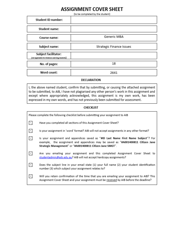 Strategic Finance Assignment Cover Sheet | PDF | Investing | Debt