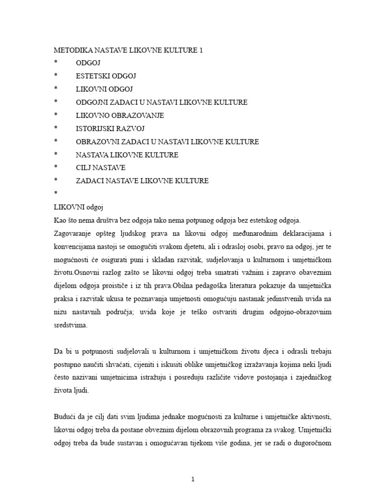 Metodika Nastave Likovne Kulture 1 - Skripta | PDF
