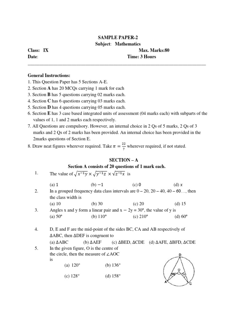Maths Sample Paper Class 9 | PDF | Area | Sphere