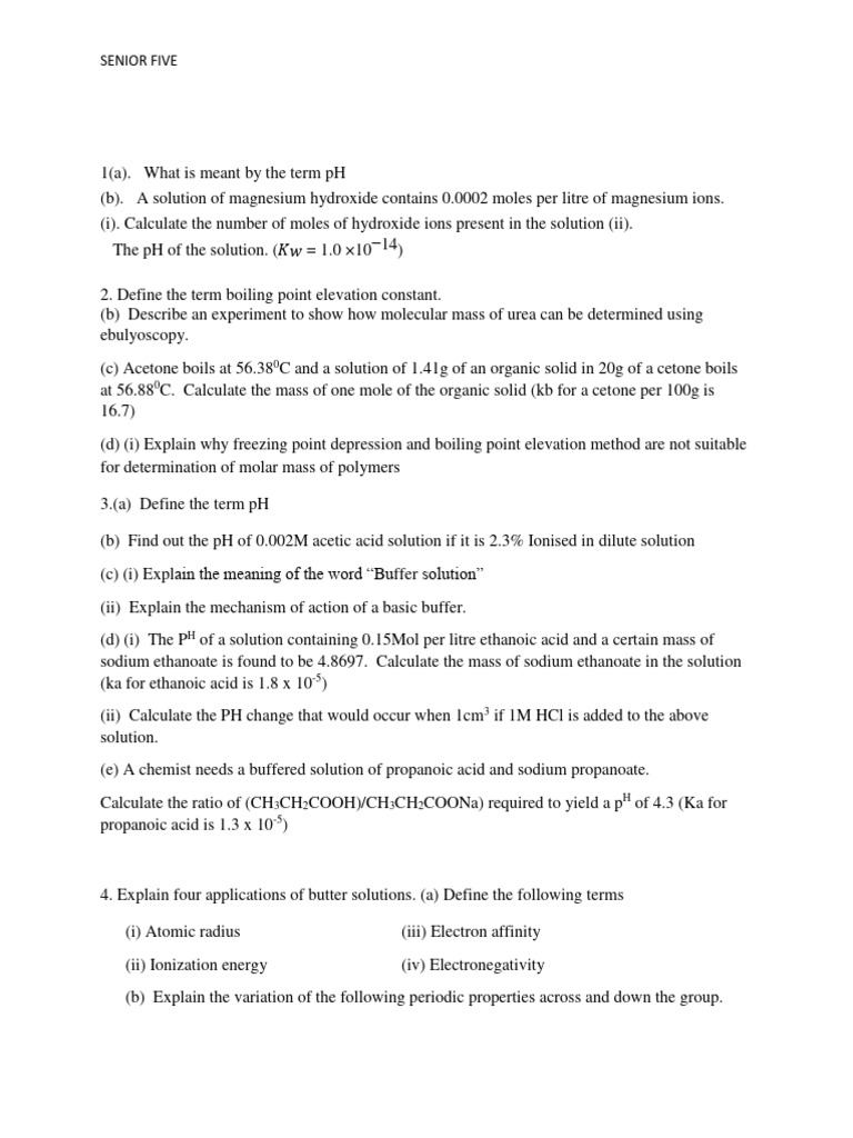 S5 Chemistry Revision Questions | Download Free PDF | Ph | Mole (Unit)