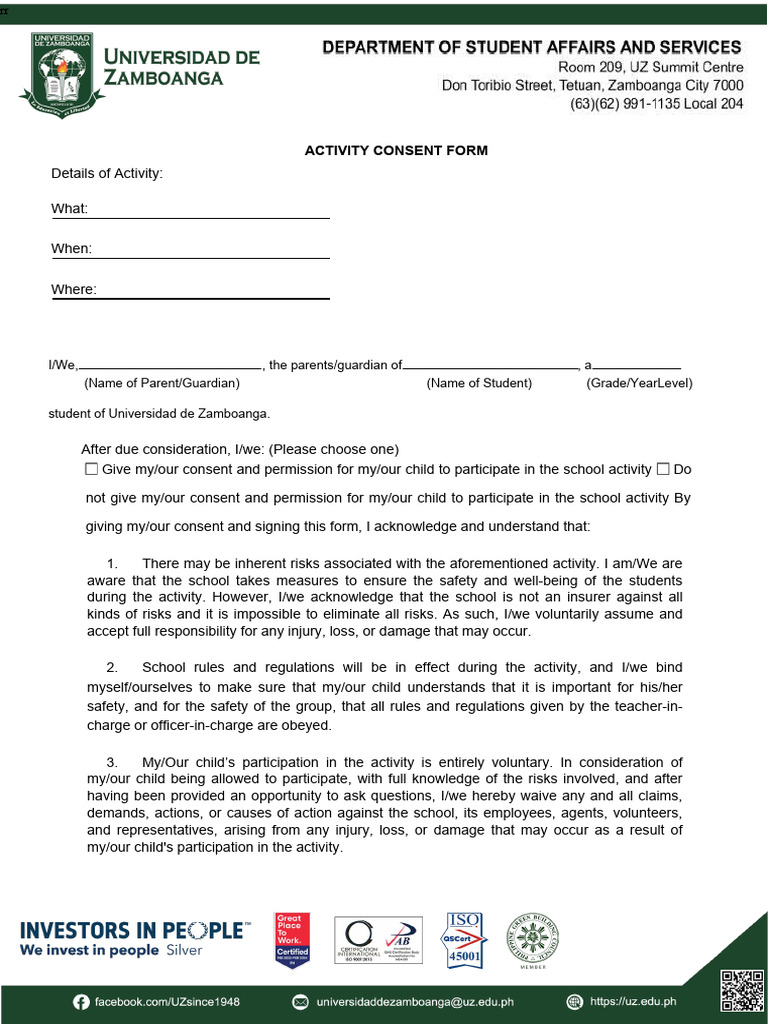 FO DSAS 096 Activity Consent Form | PDF | Consent | Risk