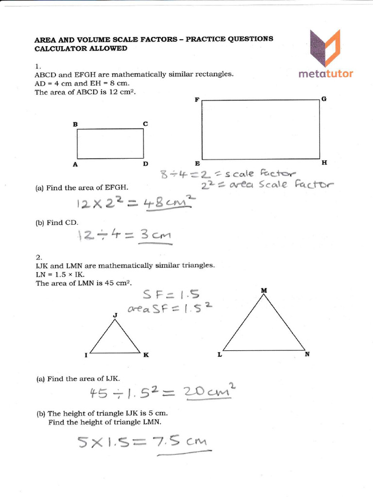 Area and Volume Scale Factors Solutions | PDF | Euclidean Geometry | Volume