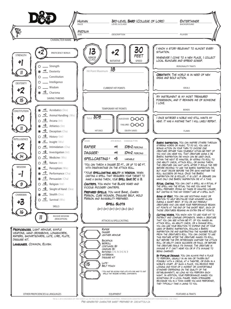 3rd-Level Bard Character Sheet | PDF