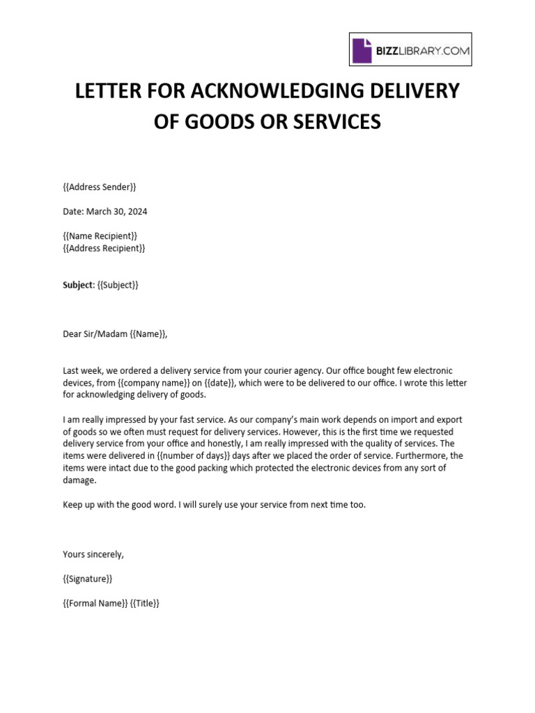 Letter For Acknowledging Delivery of Goods or Services | PDF | Business ...