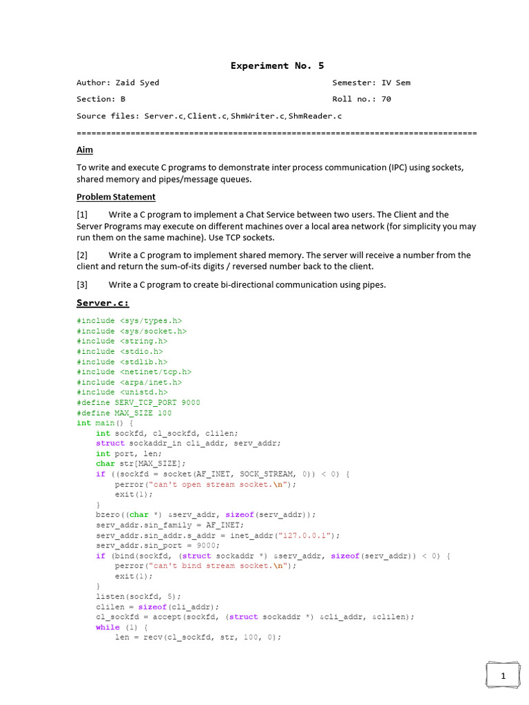IPC in C: Sockets, Shared Memory, Pipes | PDF | Computer Programming | Communications Protocols