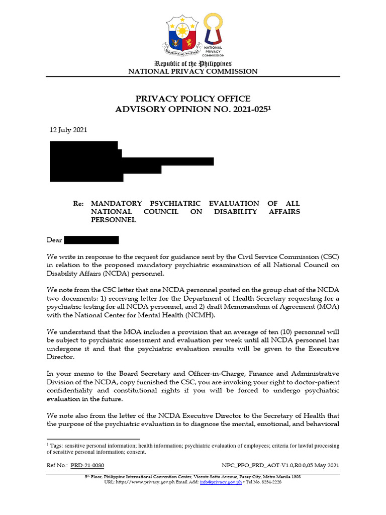 Redacted Advisory Opinion No. 2021 025 | PDF | Consent | Privacy