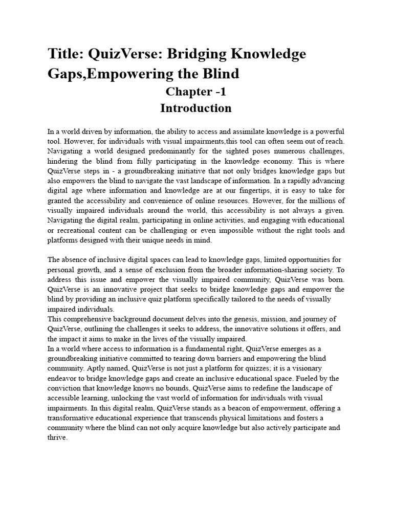 QuizVerse- Bridging Knowledge Gaps,Empowering the Blind | PDF | Accessibility | Learning