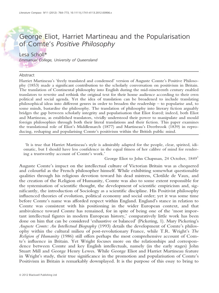 George Eliot, Harriet Martineau and The Popularisation of Comte's Positive Philosophy | PDF ...