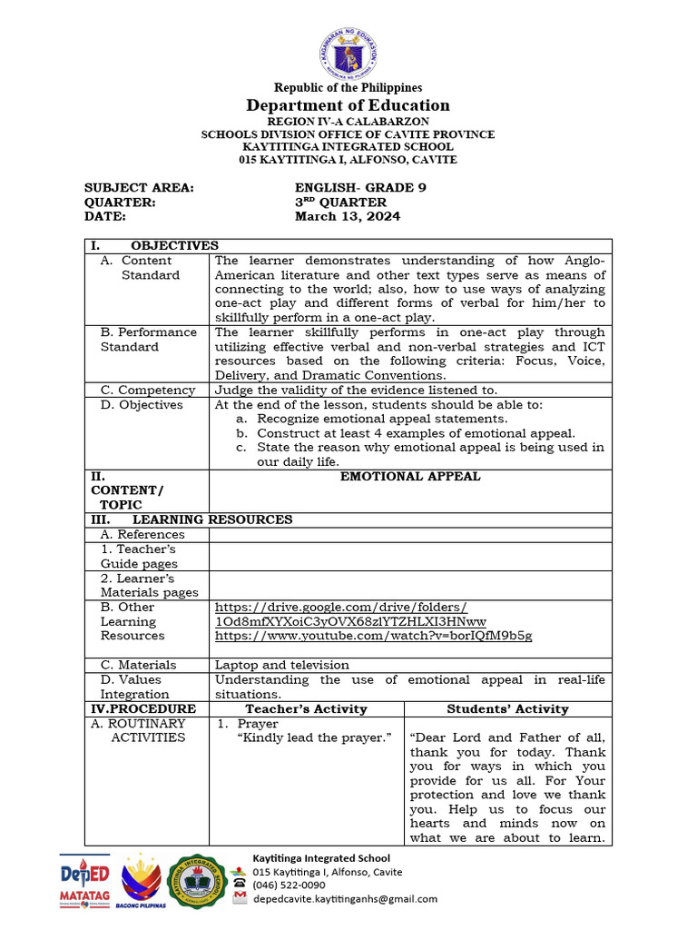 4a's Sample LP | PDF | Learning | Emotions