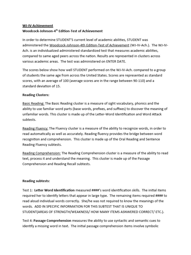 WJ-IV-Ach Cluster Template | PDF | Reading Comprehension | Vocabulary
