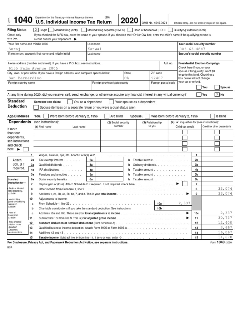 U.S. Individual Income Tax Return: Standard Deduction | PDF | Social ...