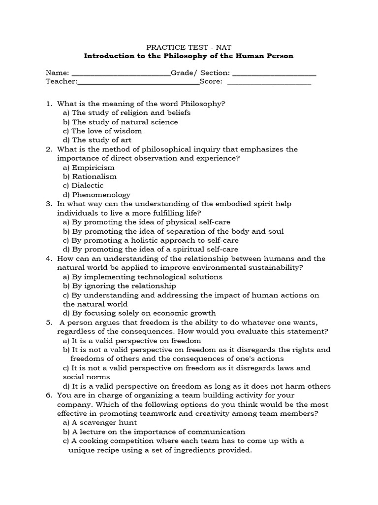 Practice Test NAT Philosophy | PDF | Rationalism | Free Will