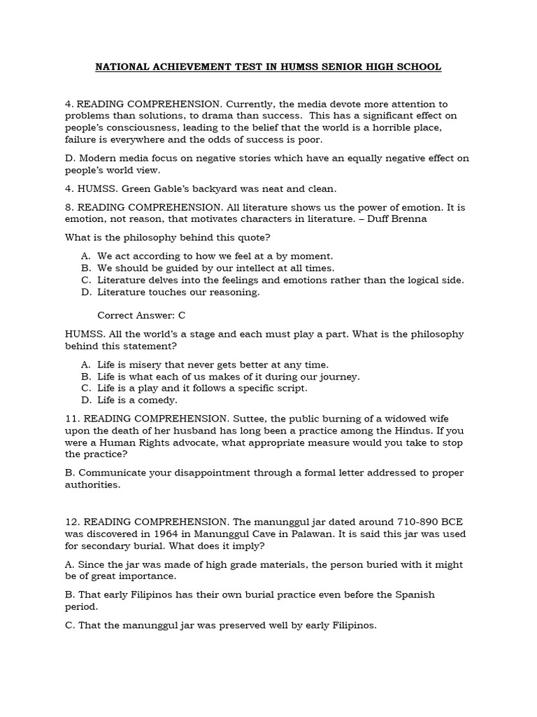 National Achievement Test in Humss Senior High School | PDF | Francisco ...