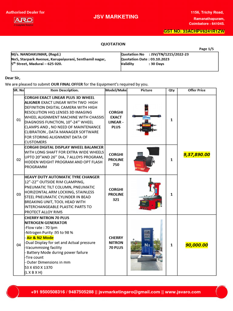 Quotation For Nandakumar, Madurai - Revised Complete Quotation (03.10. ...