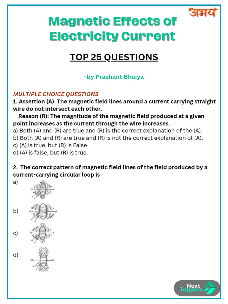 DPP - Magnetic Effects of Electricity Current (Prashant Kirad) | PDF | Magnetic Field | Fuse ...