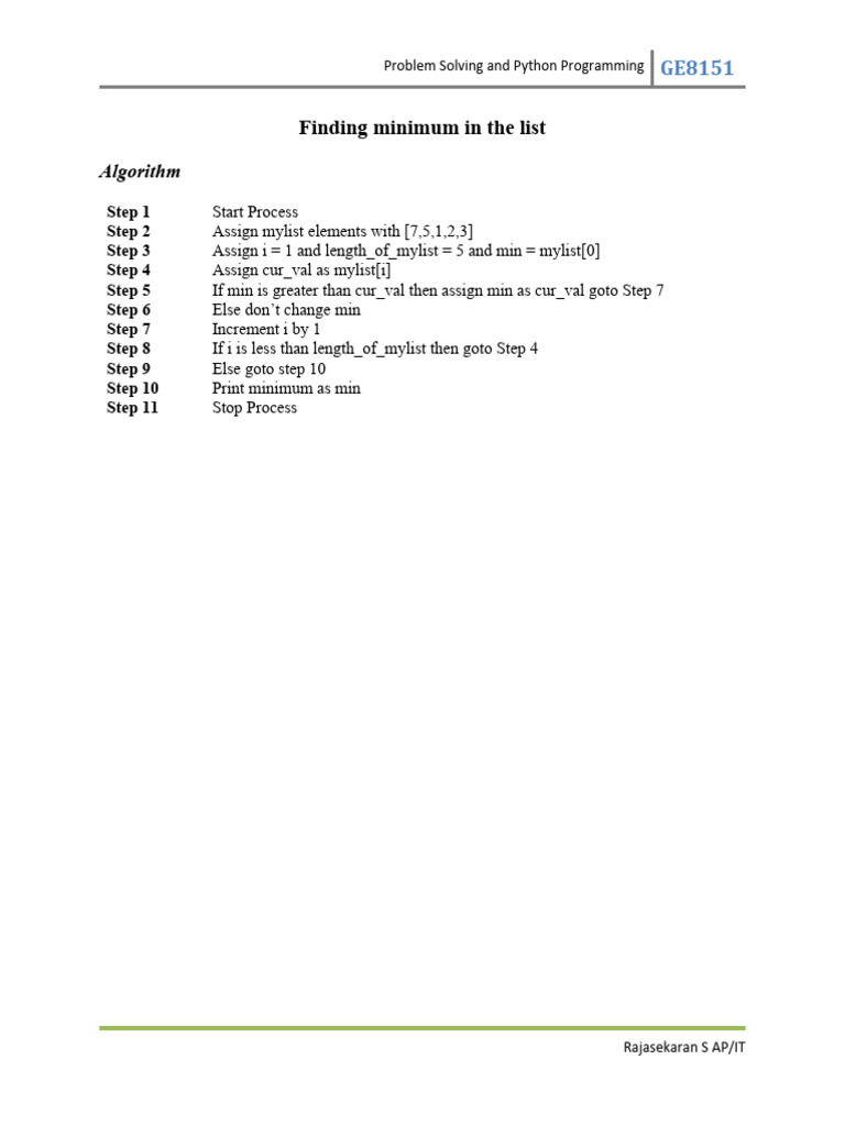 GE8151 U1 8 Finding Minimum in List | PDF