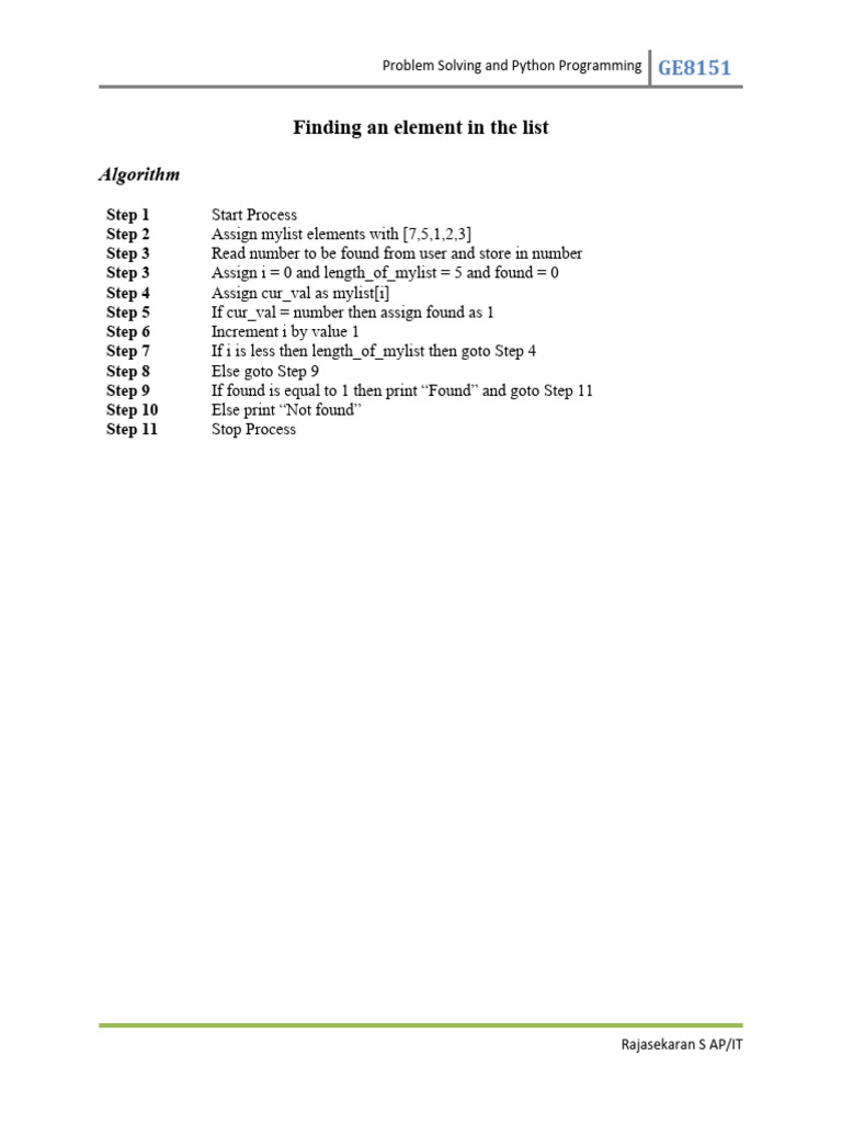 Ge8151 U1 7 Finding An Element In The List Pdf Algorithms Computing 5471