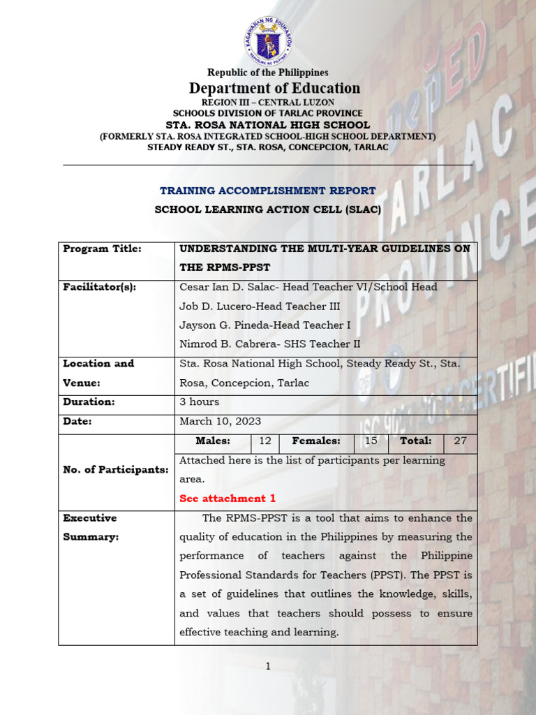 Department of Education: Training Accomplishment Report | PDF | Learning | Behavior Modification
