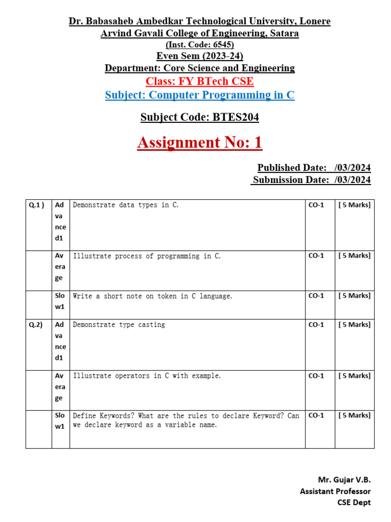 Assignment No: 1: Subject: Computer Programming in C | PDF | Computer Engineering | Software ...