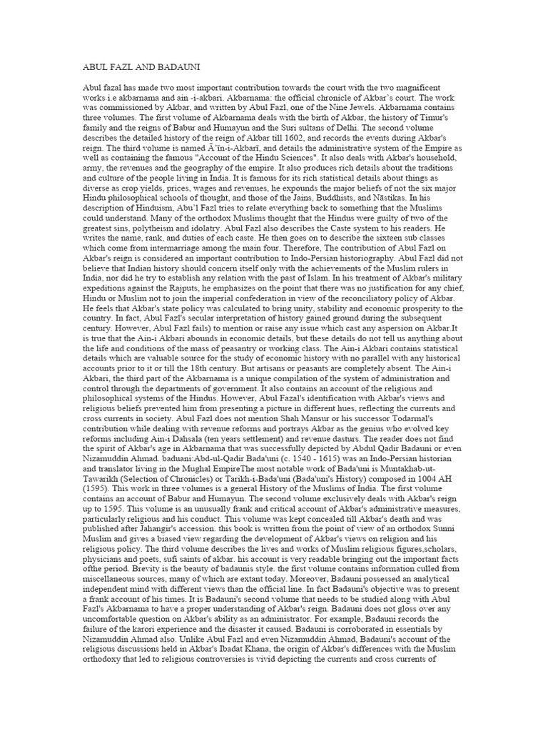 Abul Fazl and Badauni | PDF