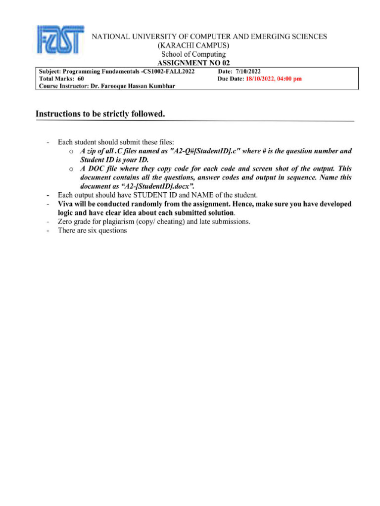 Assignment 2 Programming Fundamentals Fall 2022 | PDF