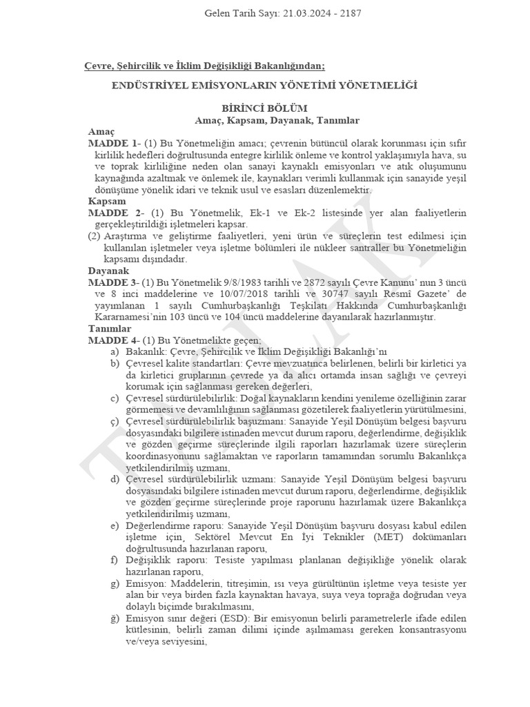 TOBB Endüstriyel Emisyonların Yönetimi Yönetmeliği Taslağı | PDF TOBB Endüstriyel Emisyonların Yönetimi Yönetmeliği Taslağı | PDF
