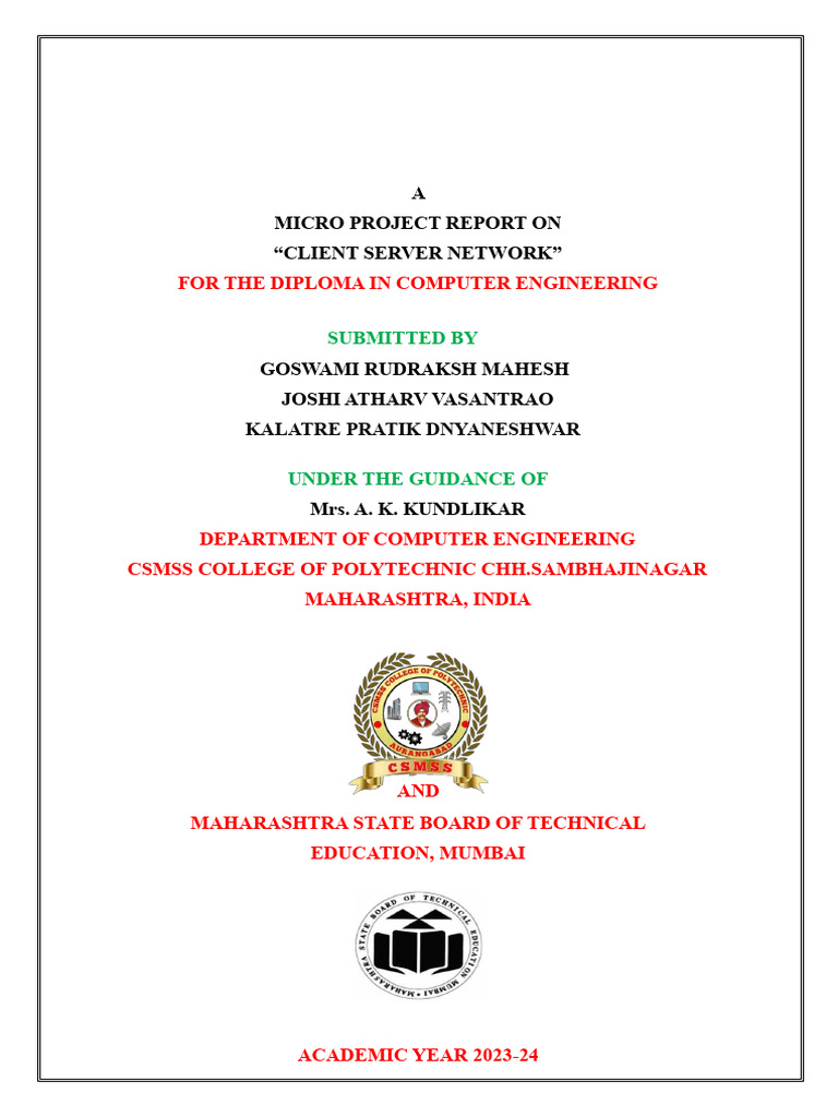 For The Diploma in Computer Engineering: A Micro Project Report On "Client Server Network" | PDF ...