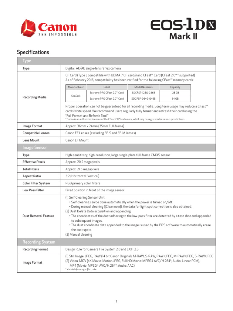 Canon Eos 1dx Mkii Specification Chart | PDF | Autofocus | Flash (Photography)