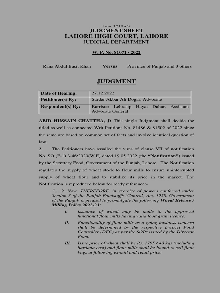 Lahore High Court, Lahore: Judgment | PDF | Flour | Precedent