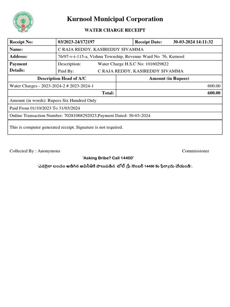 KNL Water Tax Receipt | PDF