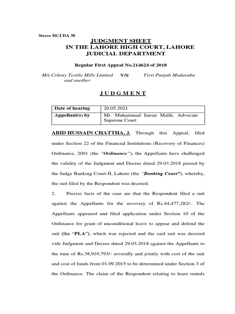 Judgment Sheet in The Lahore High Court, Lahore Judicial Department | PDF | Judgment (Law) | Lawsuit
